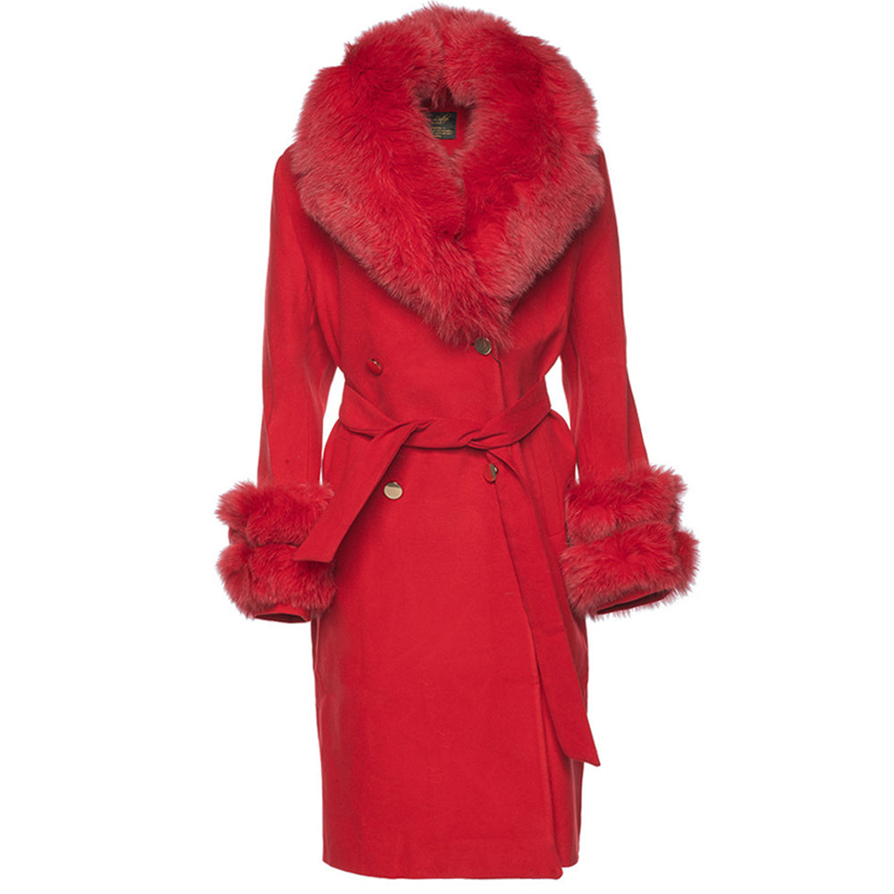 Aria Red chic long cashmere blend coat with fox fur – Lusso Leather