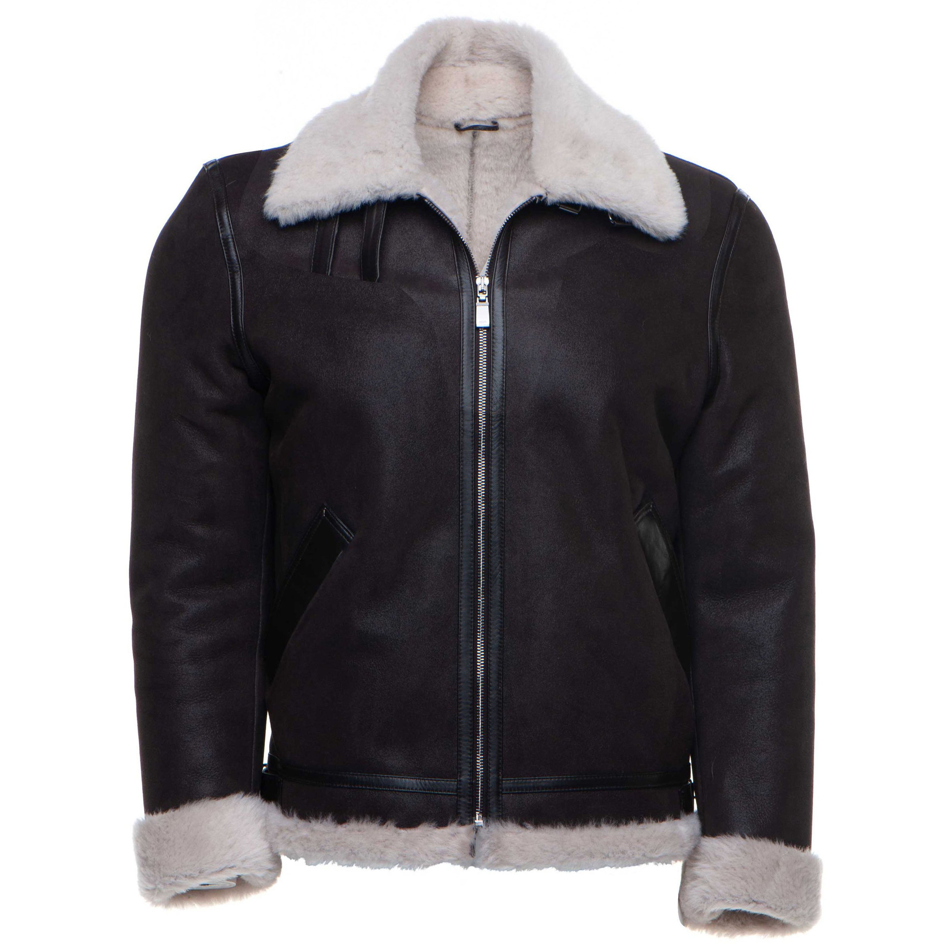 Hampton's Classic Brown B-3 Bomber Aviator Shearling Jacket with colla ...