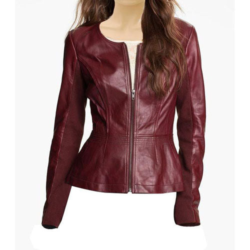 Women’s Maroon Collarless Leather Jacket, Burgundy Jacket – Lusso Leather
