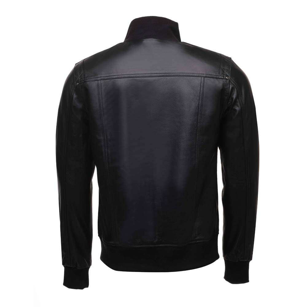 Black Leather jacket with Straight Ribbed Collar – Lusso Leather