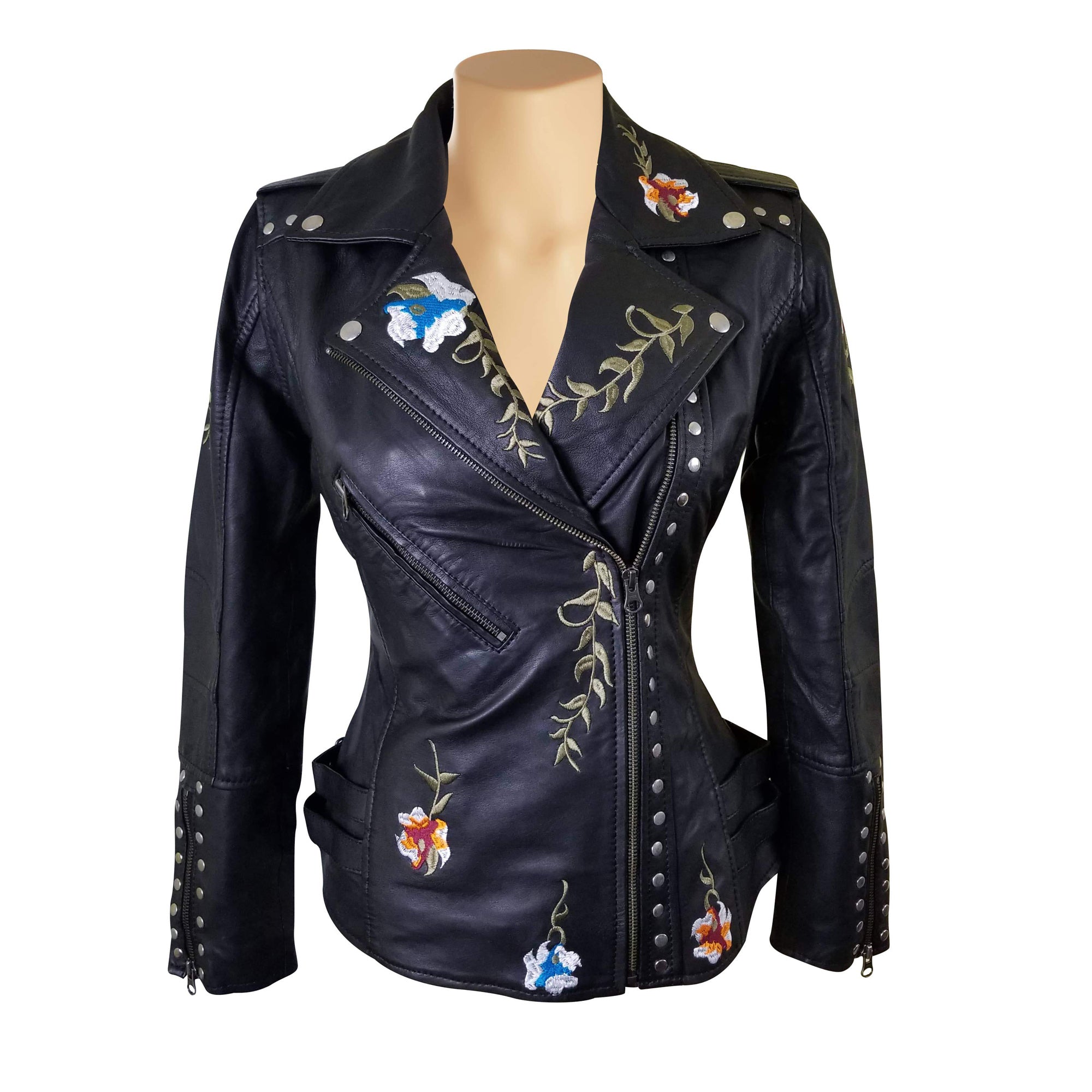Flowery Embroidered Leather Jacket With Studs – Lusso Leather